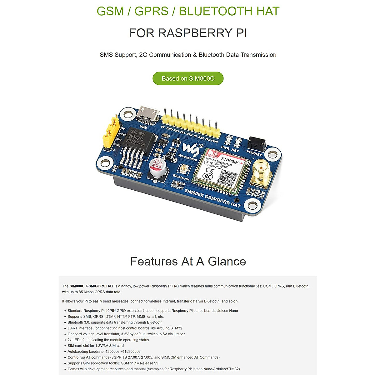 GSM GPRS Bluetooth HAT Based on SIM800C Wireless Internet Compatible with Raspberry Pi 2 3 4 Model B B+ Zero W WH @XYGStudy
