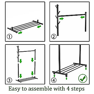EKNITEY Clothes Garment Rack Portable - Rolling Clothing Organizer Rack on Wheels with Bottom Shelves (Black)