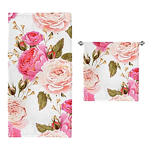 Cotton Bath Hand Towels for Bathroom - Ultra Soft Microfiber Face Towel with Pink Rose, Highly Absorbent Quick-Drying Lightweight Spa Towel, Washcloth Dish Tea Towels for Kitchen 30 x 15 inch