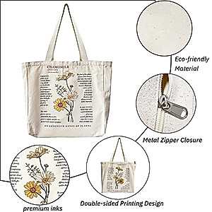 Canvas Tote Bag Aesthetic,Cute Tote Bags with Metal Zipper Big Canvas Tote Bags for Women Girl Shopping School Library