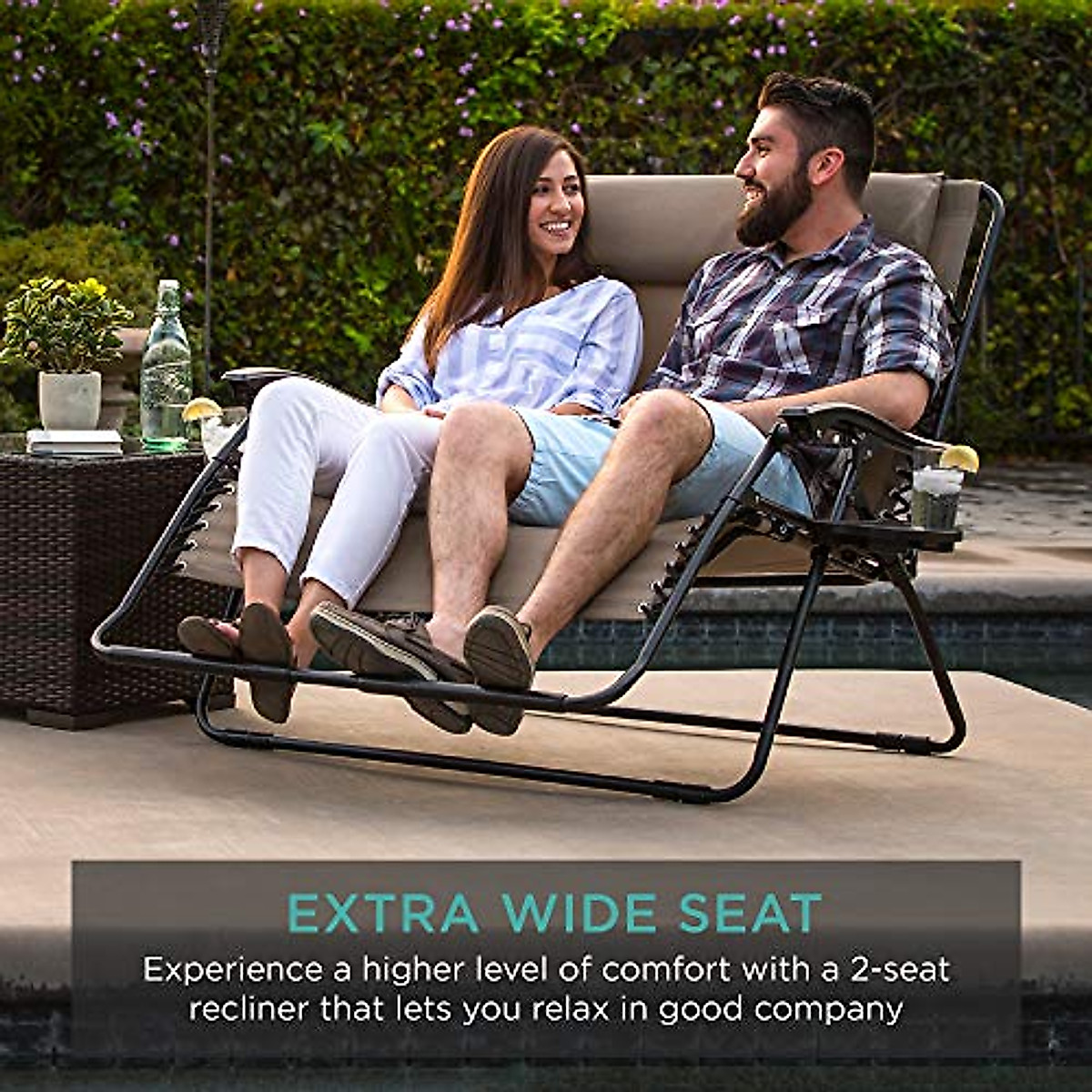 Best Choice Products 2-Person Double Wide Adjustable Folding Steel Mesh Zero Gravity Lounge Recliner Chair for Patio, Lawn, Balcony, Backyard, Beach, Outdoor Sports w/Cup Holders - Beige