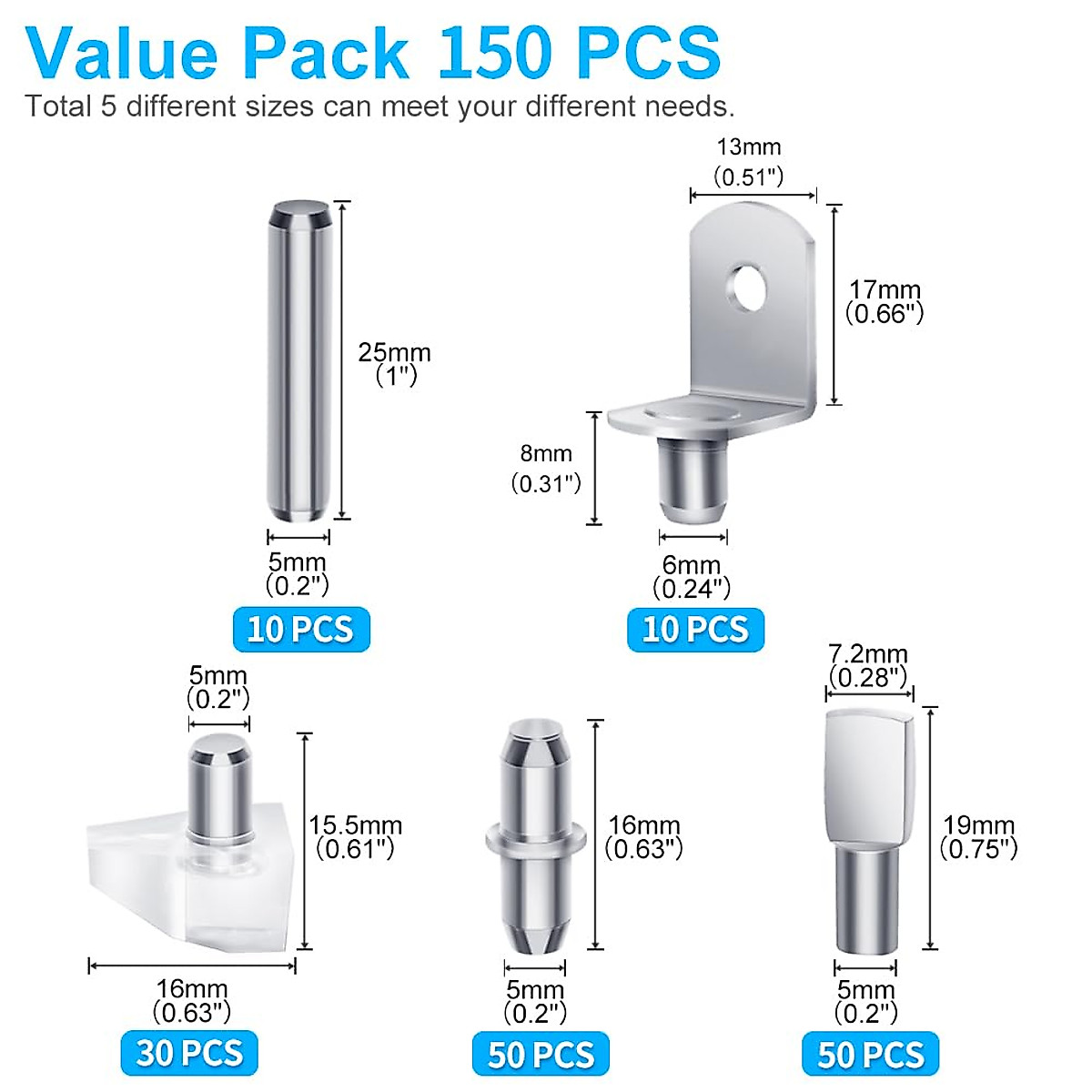 SEANSDA 150PCS Shelf Pegs for Shelves, 5 Styles Shelf Pins, Kitchen Cabinet Shelf Pegs, Metal Shelf Support Pegs, Nickel Plated Shelf Holders Pegs, Shelf Clips for Wood Shelving Bookshelf (5mm & 6mm)