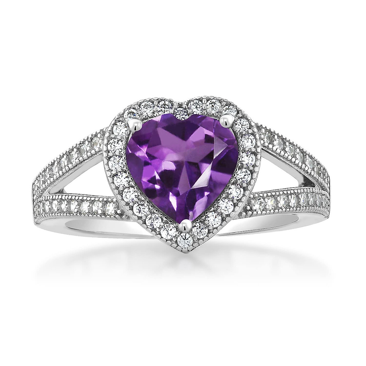 Gem Stone King 925 Sterling Silver Purple Amethyst and White Moissanite Ring For Women (2.31 Cttw, Gemstone February Birthstone, Heart Shape 8MM, Available In Size 5,6,7,8,9)