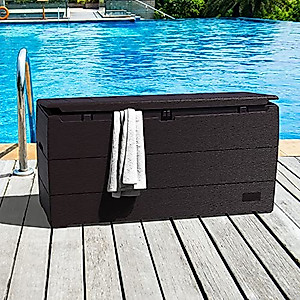 DuraMax 71 Gallon Outdoor Furniture Organizer Storage Box Bench with Wheels and Side Handling Grip for Patio, Deck, and Garden, Brown