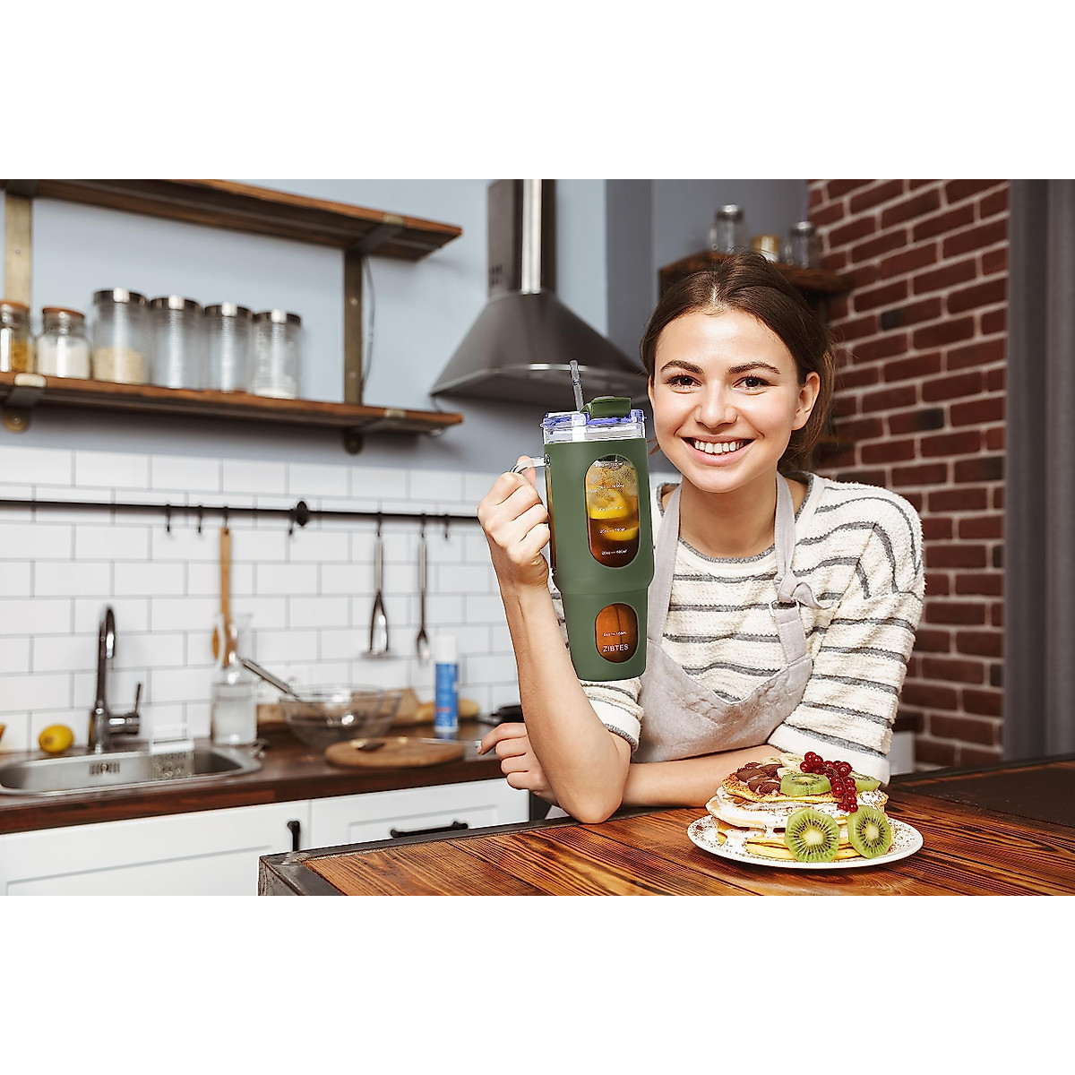 Zibtes 40 oz Glass Tumbler with Lid and Straws, Motivational Water Bottle with Time Marker and Silicone Protective Cover, Iced Coffee Cup with Handle,(Army Green)