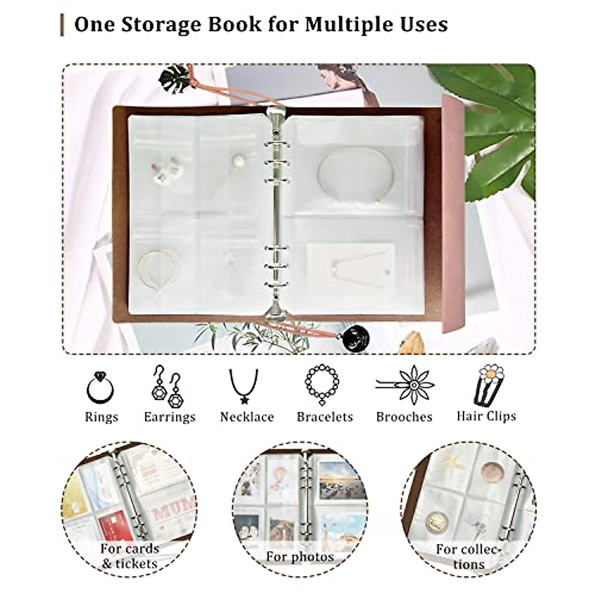 Verkigle Travel Jewelry Organizer, A5 Binder Jewelry Storage Book with Pockets, Foldable Earring Holder with Clear Jewelry Bags for Ring, Studs and Bracelet(70 Grids+70 Thicken PVC Bags)