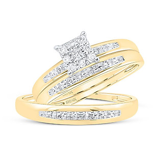Jewels By Lux 10K Yellow Gold 1/10Ctw Diamond Fashion His and Hers Engagement Wedding Bridal Band and Ring Trio Set Size 9 Womens and Size 13 Mens
