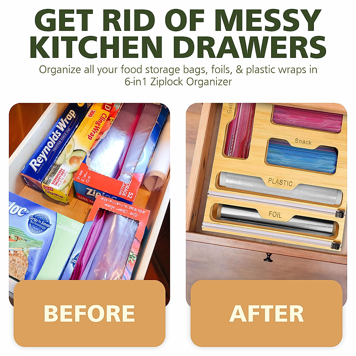 Ziplock Bag Storage Organizer for Kitchen Drawer, 6 in 1 Foil and Plastic Wrap Dispenser with Cutter, Bamboo Zip Lock Plastic Bag Baggie Organizer for Gallon, Quart, Sandwich, Snack 13" x 17" x 3.5"