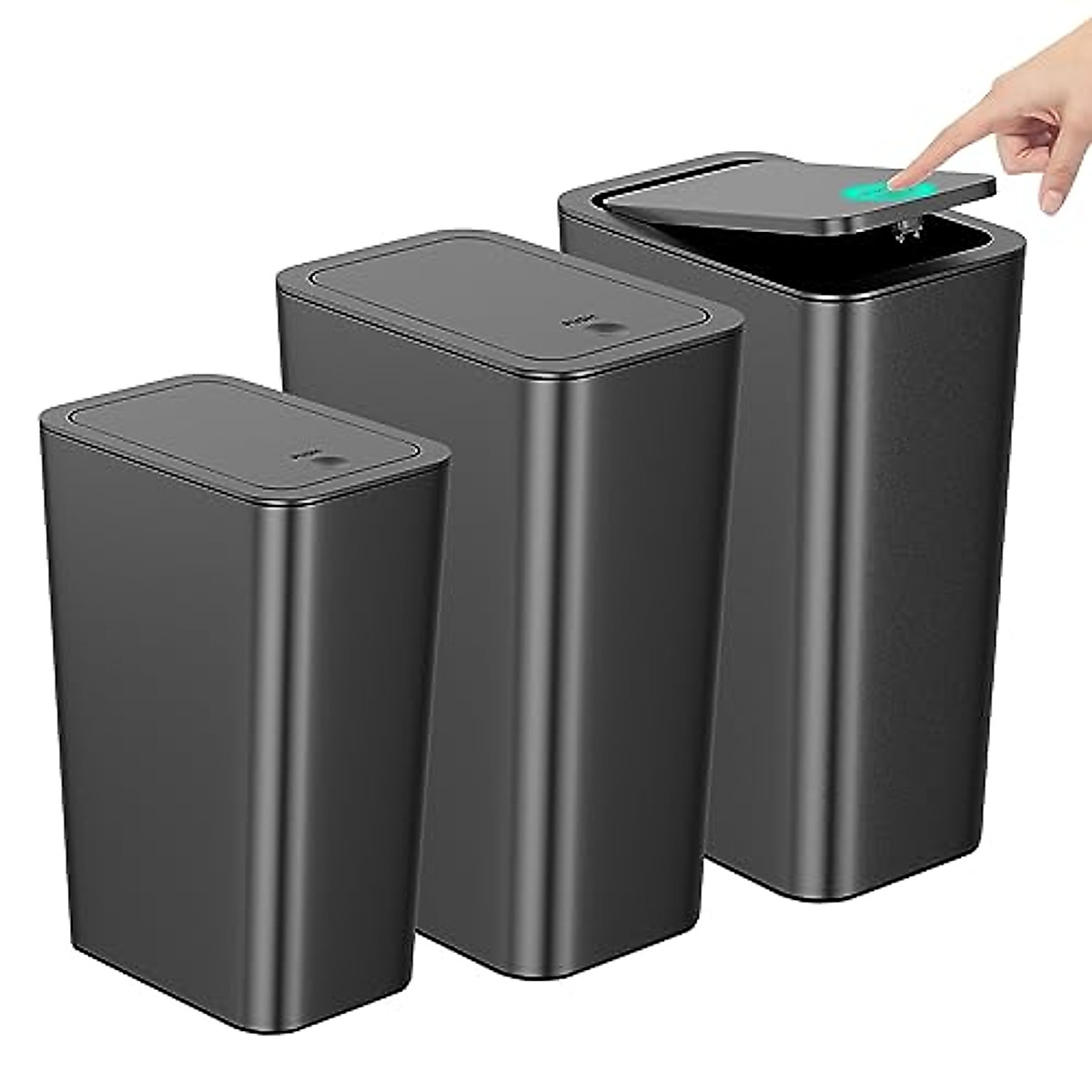 NetDot Bathroom Trash Can with Lid 3 Pack Set, 2 Packs 3.4 Gal 13L Slim Kitchen Trash Can and 1 Pack 2.6Gal 10L Garbage Can, Small Trash Can/Trash Bin/Waste Basket for Bedroom (Black, Pack of 3)