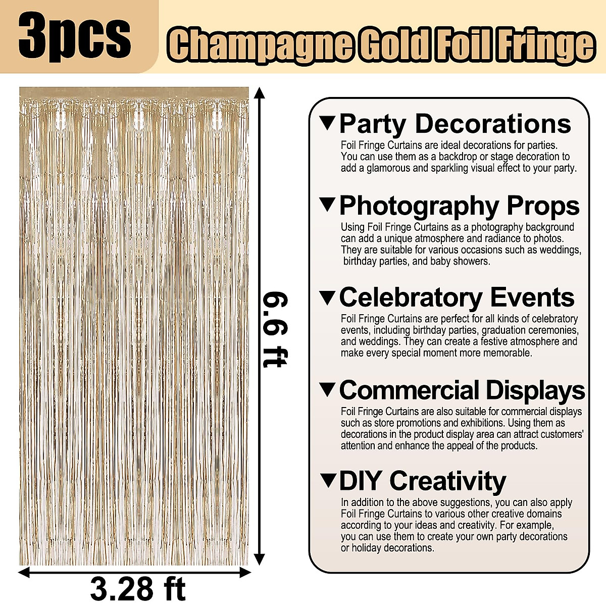 3 Pack new Champagne Gold Foil Fringe Curtain Backdrop, 3.28Ft x 6.6Ft Metallic Tinsel Foil Fringe Streamer Curtains for Photo Booth, Valentine's Day， Wedding, Birthday, New Year Party Decorations