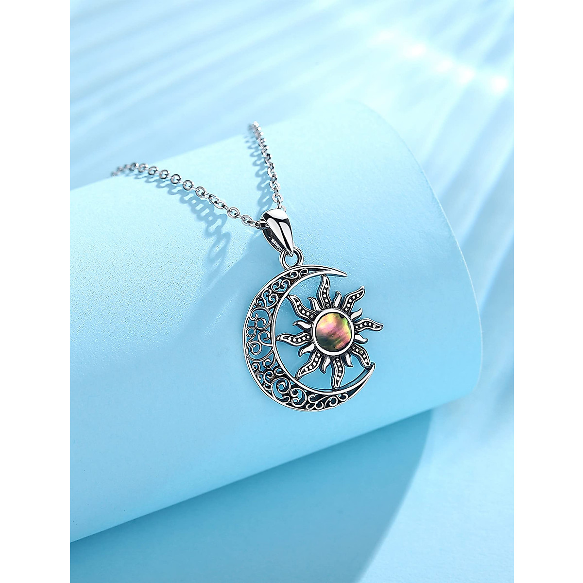 NFUSEU Sun and Moon Necklace Sterling Silver for Women Witchy Jewelry Crescent Moon Pendant Twitches Abalone Vintage Oxidized Black Birthday Gifts, 18 Inch Chain