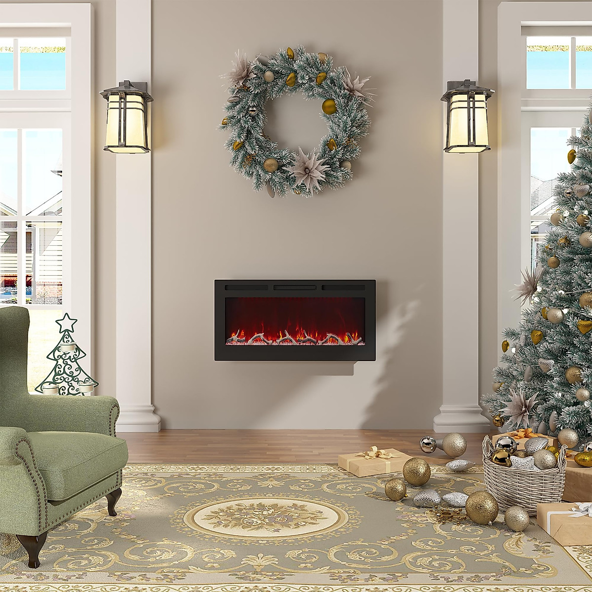 36 Inch Electric Fireplace Recessed and Wall Mounted, LED Linear Fireplace with Remote Control Ultra-Thin and Low Noise 1500W Adjustable 6 Flame Options, Timer