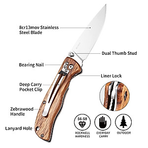 Folding Pocket Knife with Liner lock Stainless Blade Brown Wood Handle with Belt Clip Diamond Sharpening Stone Folding Knife Sharpener Garden Tools