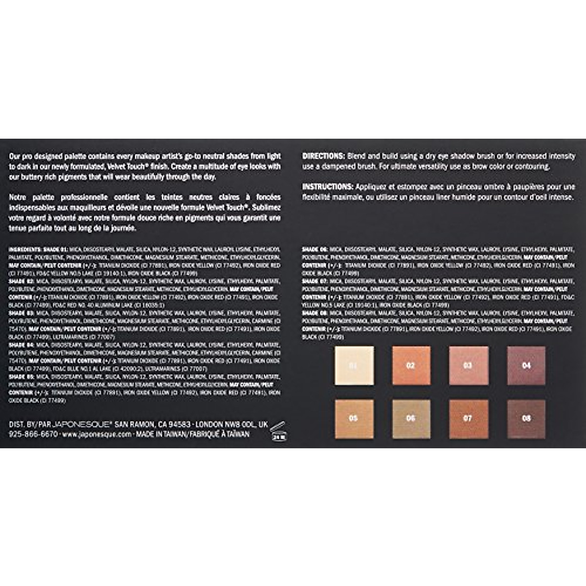 Japonesque Velvet Touch Eyeshadow Palette with 8 Long Lasting Matte Colors, Blendable, and Pigmented