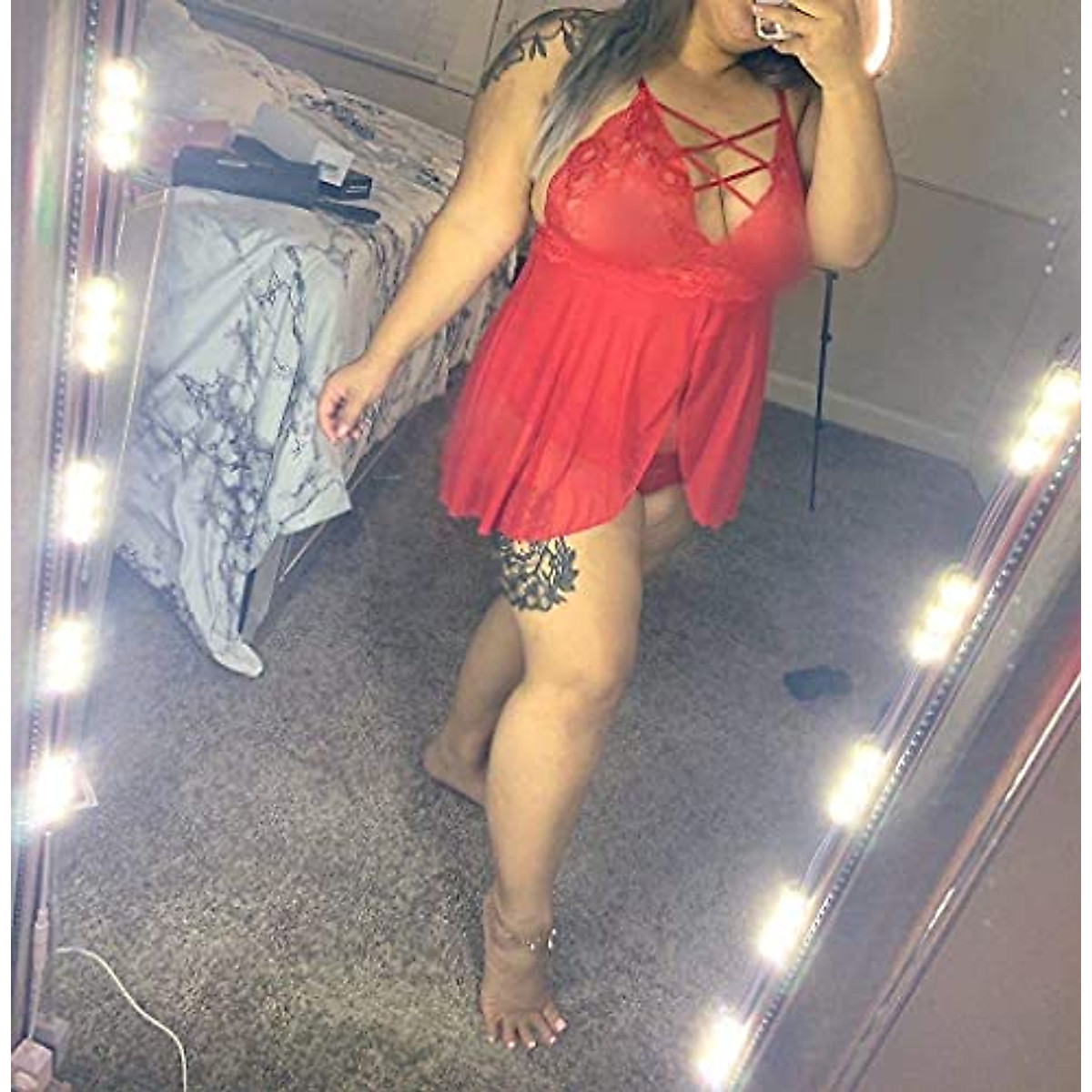 EVELUST Plus Size Lingerie for Women - Sexy Double Layer Chemise Comfy Boudoir Outfits Lace High Waist Teddy Babydoll(Large, Red)