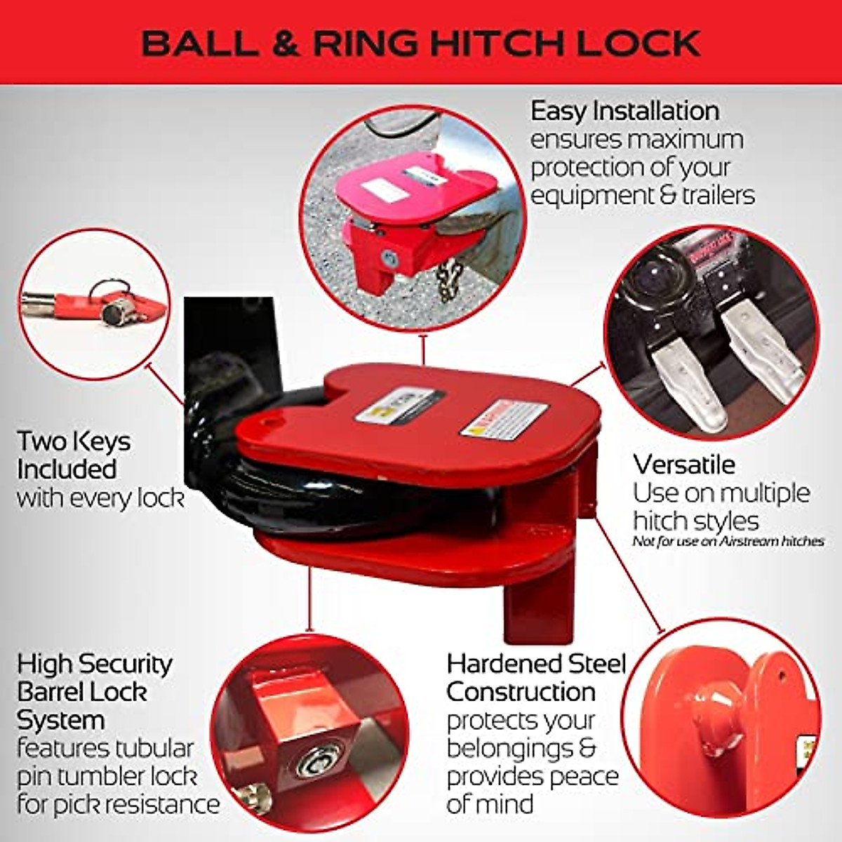 Equipment Lock BRHL - Steel Ball and Ring Hitch Lock - Durable, Secure Trailer Hitch Lock - Trailer Accessories - Electro-Plated and Powder Coated Finish - Red