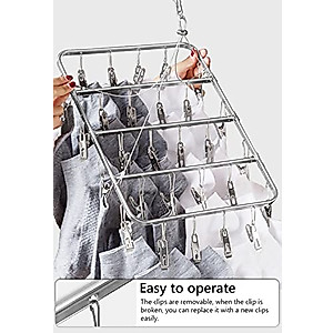 TOWOOZ Clothes Drying Rack with Clips, Stainless Steel Durable Clip and Drip Hanger Windproof Clothes Hanger Rack for Socks/Bras/Underwear/Towels, Portable Laundry Drying Rack (28 Clips, Silver)