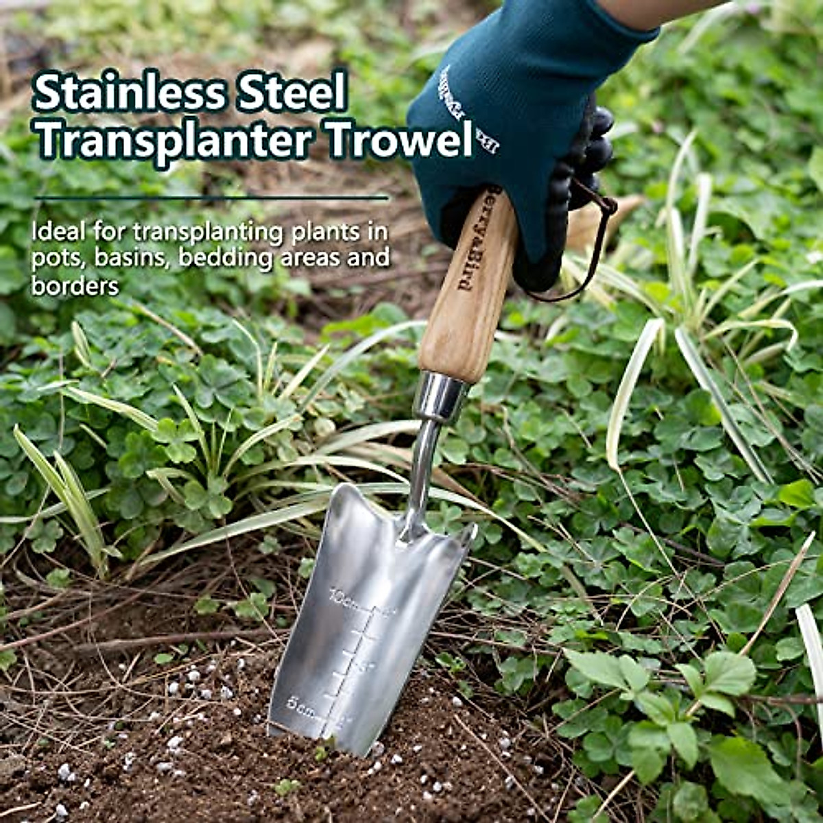 Berry&Bird Garden Tool Set, 3 PCS Stainless Steel Heavy Duty Gardening Tool Kit Includes Hand Trowel, Transplanter and Hand Cultivator with Ash Wood Handle for Transplanting Digging Loosening Soil