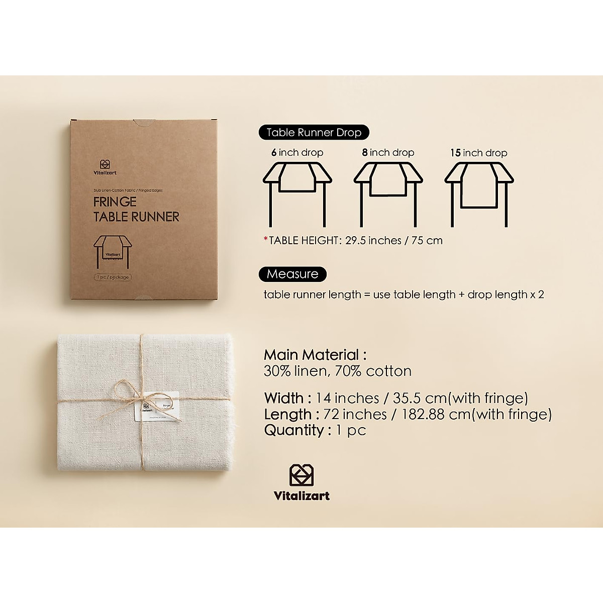 Vitalizart Beige Table Runner 14 x 72 Inches Long Slub Texture Cotton Linen Table Runner for Rustic Home Decorations Dining Room Wedding Decor Reception Bridal Shower Thanksgiving Christmas