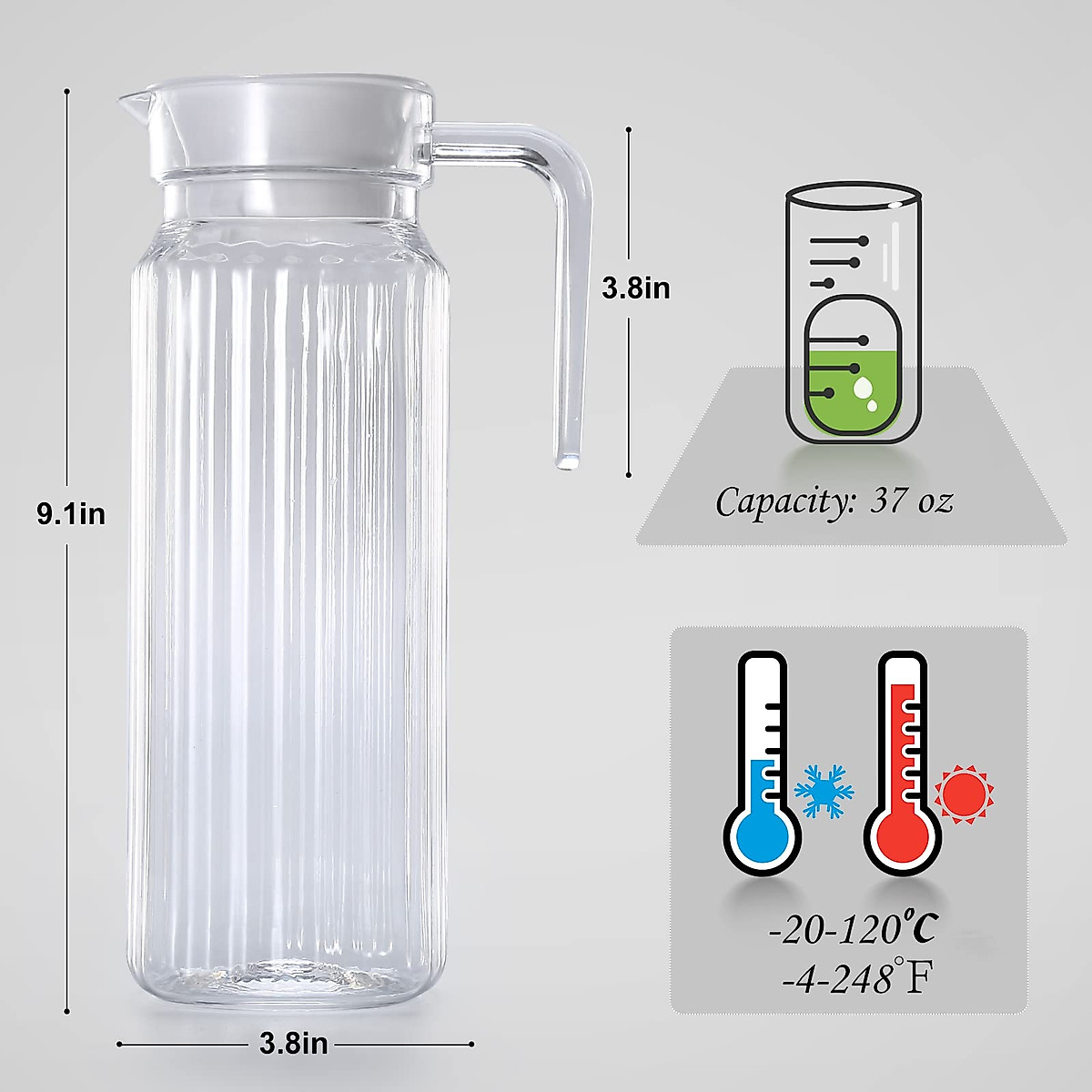 Acrylic Pitcher 37 oz, OEH Unbreakable Plastic Pitcher, Clear Plastic Pitcher with Lid, BPA-Free, Heat-Resistant Small Plastic Water Pitcher for Tea, Sangria, Lemonade, Juice, Milk, Stripe