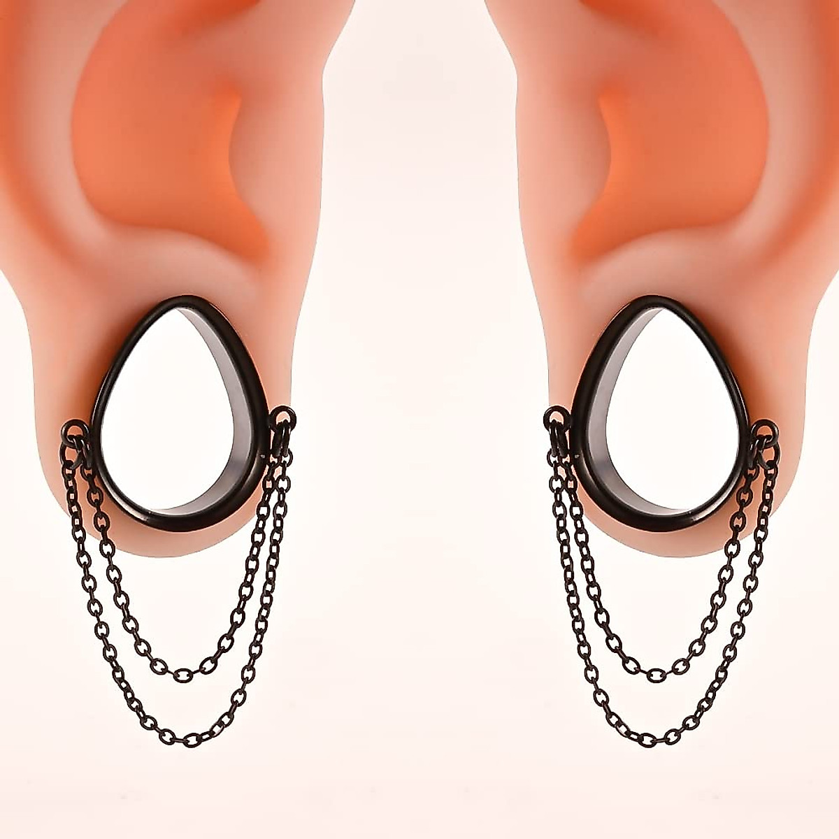 Atomhole 2PCS Cute Teardrop Ear Gauges with Chains Hypoallergenic 316 Stainless Steel Plugs for Ears Tunnels Piercing Expander Stretchers Body Jewelry (16mm(5/8"), Black)