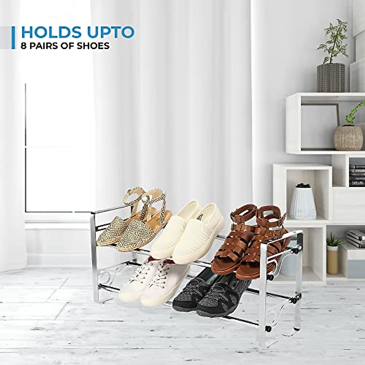 USTECH 2 Tier Adjustable Shoe Rack Storage Organizer | Portable, Large, Free Standing Closet Shelf for Bedroom and Entryway | Metal Shoe Shelf for Kids and Adults | 8 Pairs of Shoes