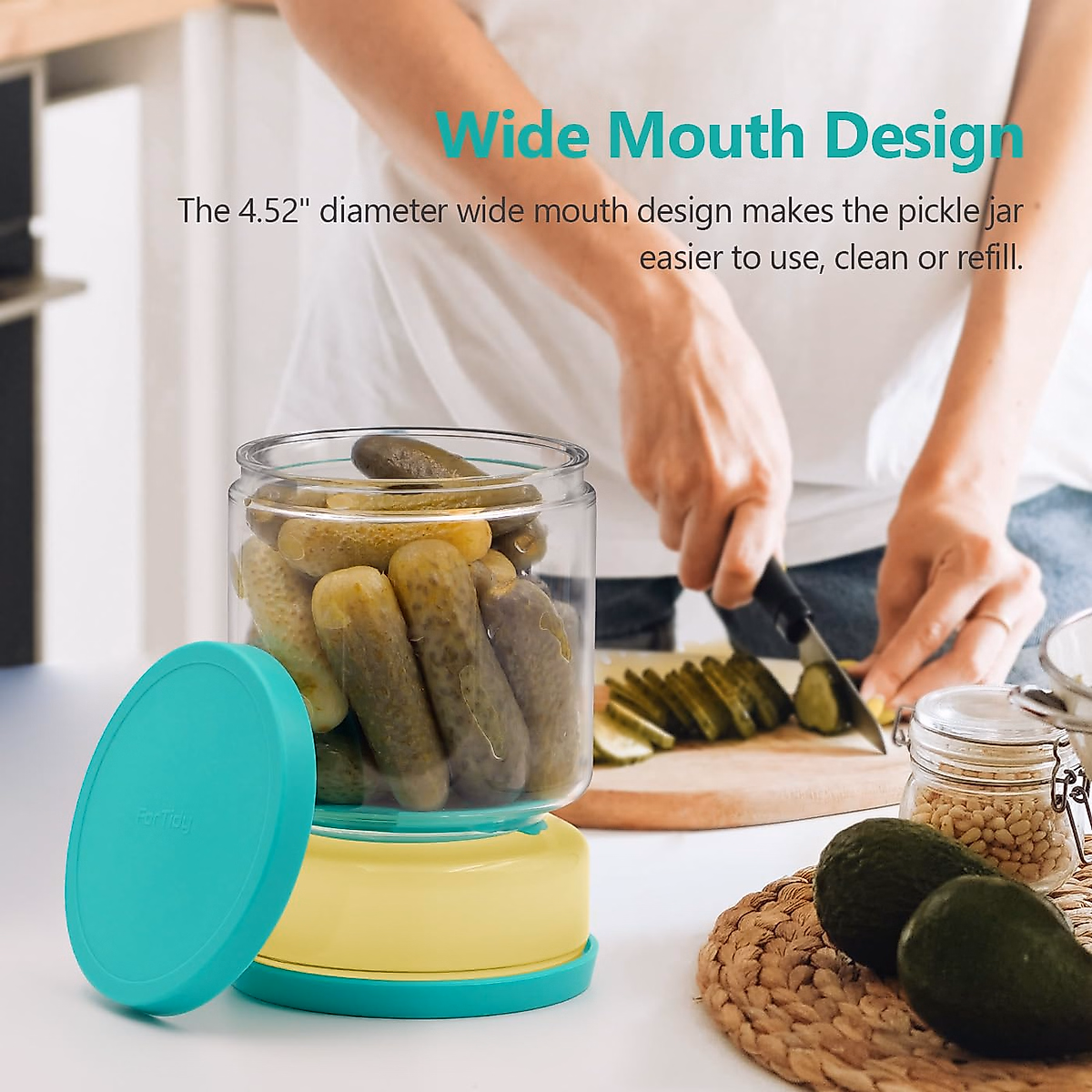 ForTidy Glass Pickle Jar with Strainer Flip - Airtight Olive Container with Silicone Lids, 50.72oz Kitchen Organization Must-Have Versatile Hourglass Jar, BPA-Free, Dishwasher Safe (Green)