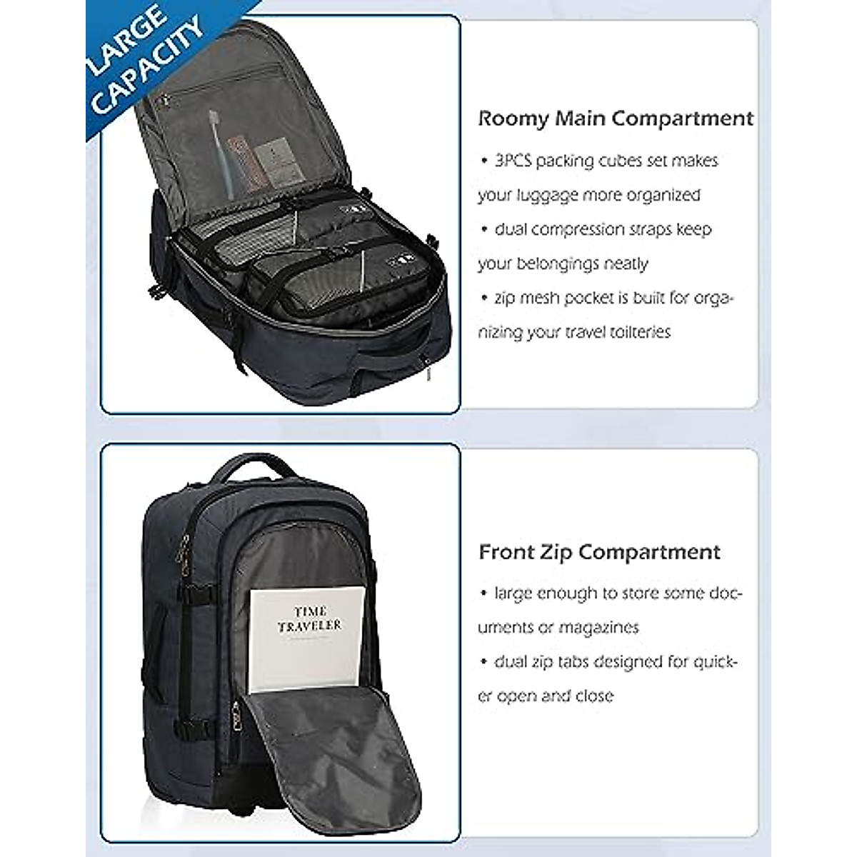 Hynes Eagle 2 in 1 Travel Backpack 22 inches Carry on Luggage 63L Rolling Backpack for Men Women with Packing Cubes 3PCS Set