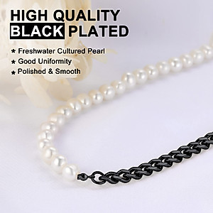 Men's Pearl Necklace Women Half Pearl Half Metal Link Chain Black Cuban Chain Pearls Stands Choker 17"
