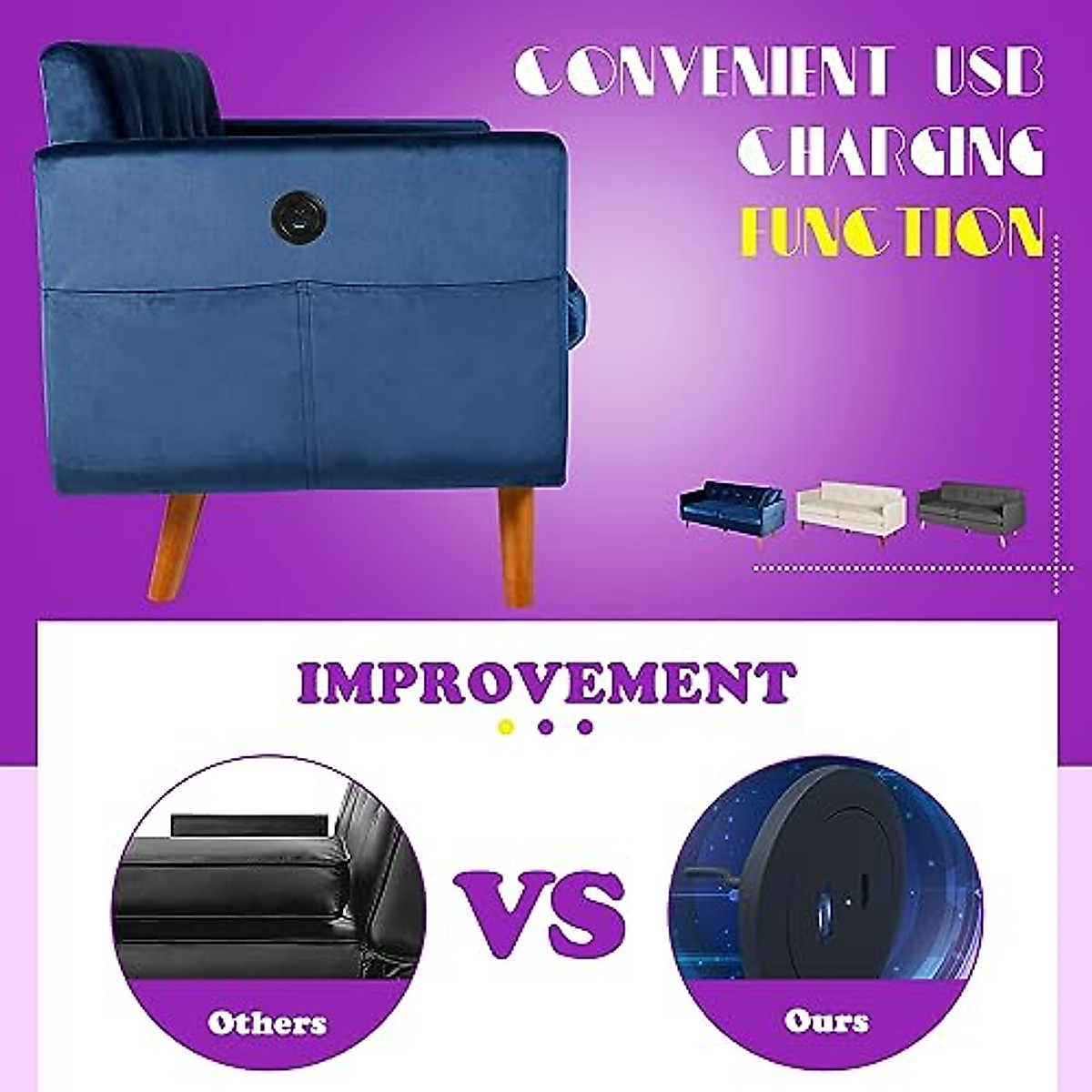 TYBOATLE 65" Modern Velvet Sofa Couch w/ 2 USB, Clear Glass Button Tufted Upholstered Love Seats for Living Room, Apartment, Bedroom (Blue)