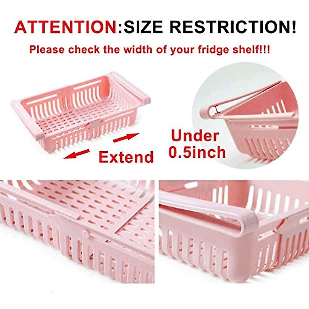 Fridge Drawer Organizer 4 Pack Retractable Drawer Refrigerator Storage Box,Unique Design Pull Out Bins, Fridge Shelf Holder Storage Box, Small Size, FIT FOR Under 0.5'' Fridge Shelf