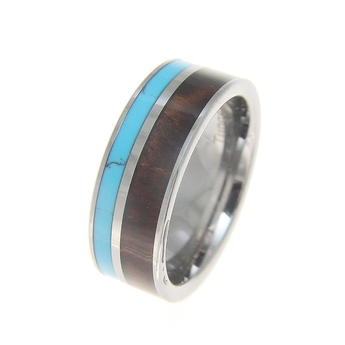 Arthur's Jewelry Tungsten 8mm wedding band ring turquoise Hawaiian koa wood comfort fit size 9