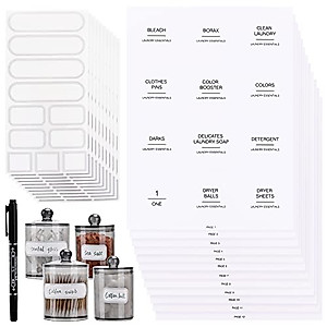 245pcs Home Laundry Cleaning Linens Printed Labels Minimalist Kitchen Bathroom Labels for Storage Easy Read - Writable Waterproof Labels Stickers with Pen(Jars not Included )