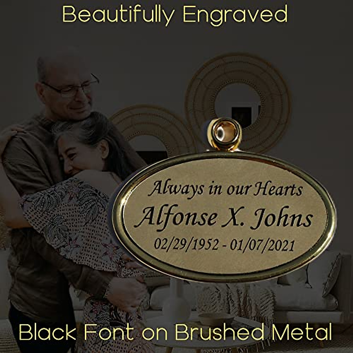 Gold Oval Engraved Pendant - Hanging Plate Medallion Plaque for urns That can’t be Engraved - Includes Smooth Satin Ribbon - Made in Brass - Black Engraving (Gold Tone)