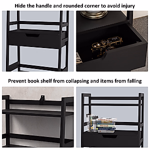 WTZ Upgraded Bookshelf with Drawers, Storage Book Shelves, 5 Tier Tall Bookcase, Modern Open Ladder Shelf for Bedroom, Living Room, Bathroom, Kids Room, Office, MC-519 (Black)