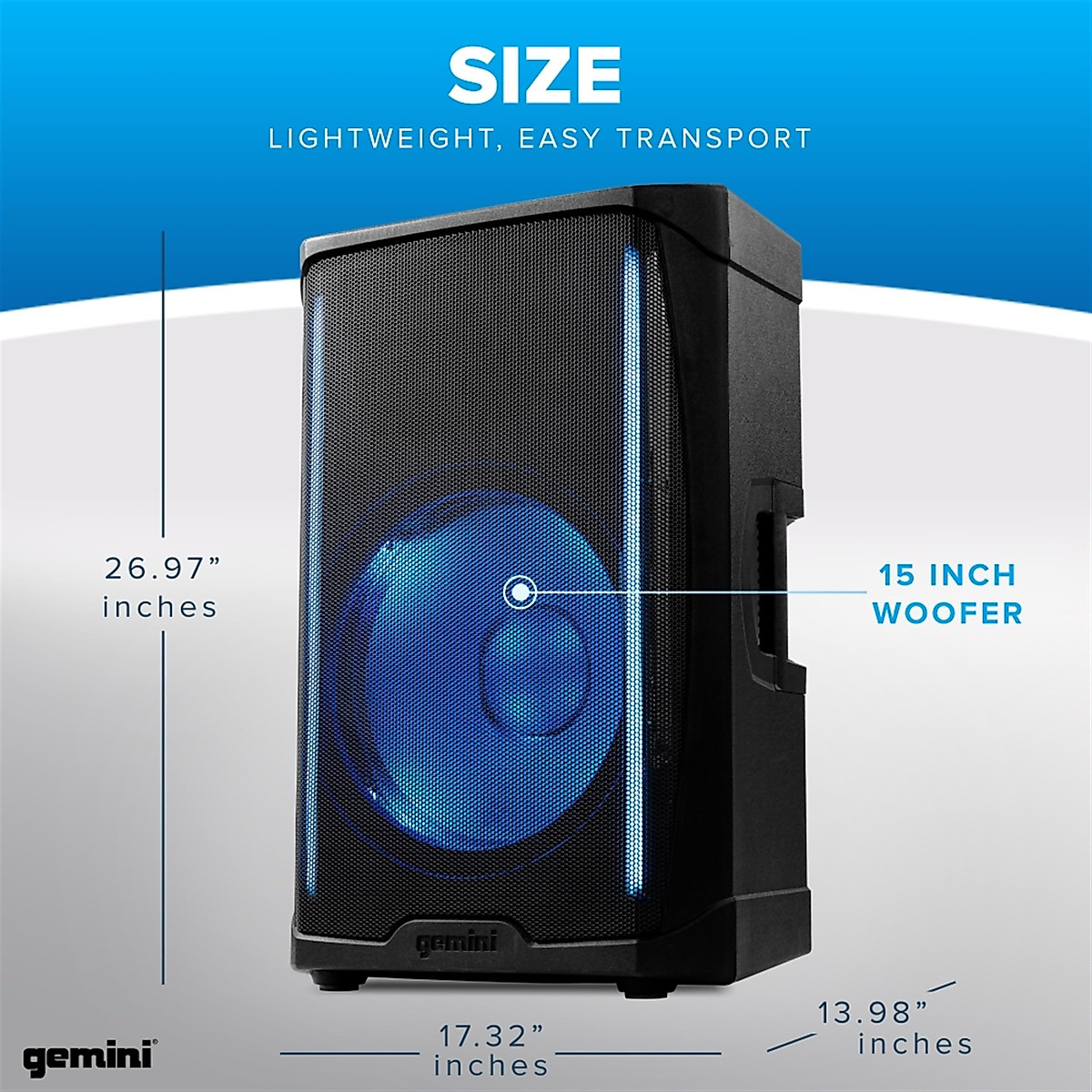 Gemini Sound GD-L115BT Powered LED Lit 1000W 2-Way Linkable Bluetooth PA Speaker with 3 Channel Mixer