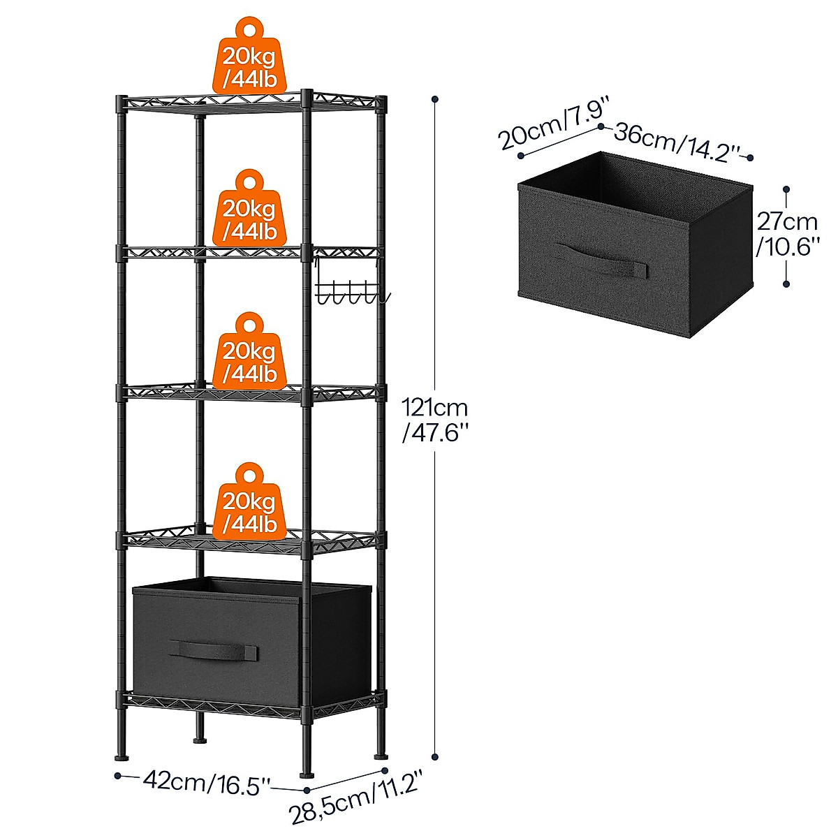 HOOBRO 5-Tier Storage Rack, Wire Shelving Unit with Adjustable Shelves, Standing Metal Shelf with Removable Drawer and 5 Hooks for Bathroom, Living Room, Bedroom, Kitchen, Black BK25CJ01