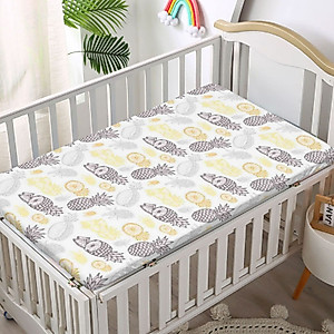 Pineapple Themed Fitted Mini Crib Sheets,Portable Mini Crib Sheets Toddler Bed Mattress Sheets-Great for Boy or Girl Room or Nursery,24“ x38“,Mustard Yellow Mauve