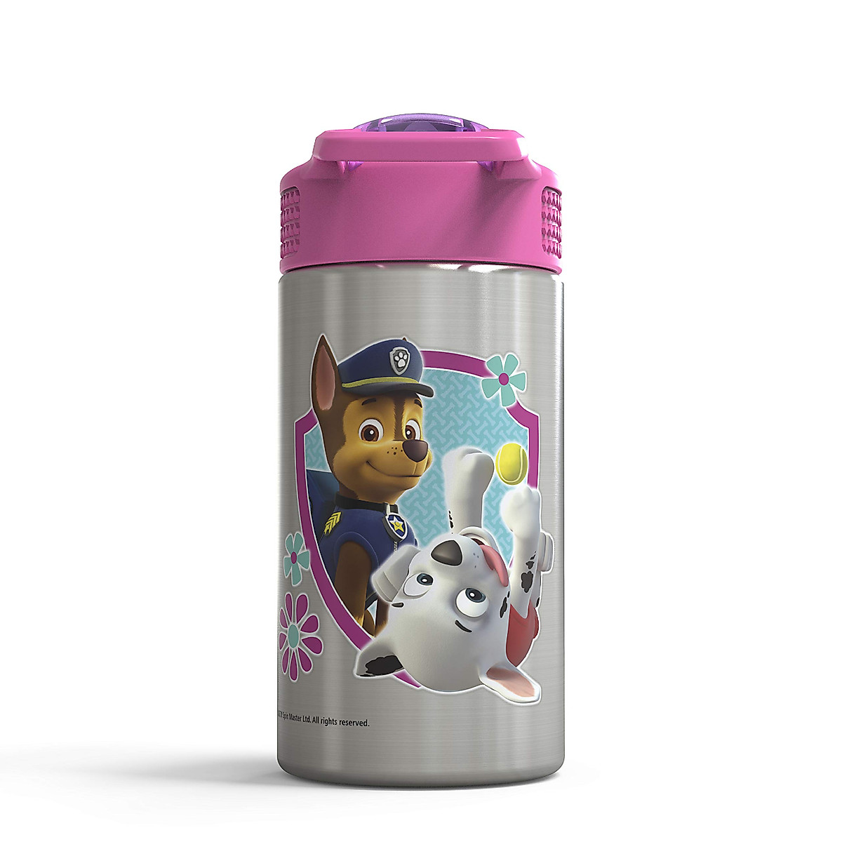 Zak Designs Paw Patrol Skye - Stainless Steel Water Bottle with One Hand Operation Action Lid and Built-in Carrying Loop, Straw Spout is Perfect for Kids (15.5 oz, BPA-Free)