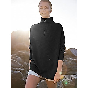 ANRABESS Women's Sweater Oversized Quarter Zipper Casual Long Sleeve Collar High Neck Ribbed Knit Loose Fit Half Zip Tunic Pullover 2023 Fashion Fall Outfits Tops 802heise-XL Black