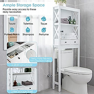 Tangkula Over The Toilet Storage Cabinet, 65” Over Toilet Bathroom Organizer with Adjustable Bottom Bar, 2 Open Shelves, 2 Drawers, Anti-tip Devices, Freestanding Above Toilet Storage Cabinet (White)