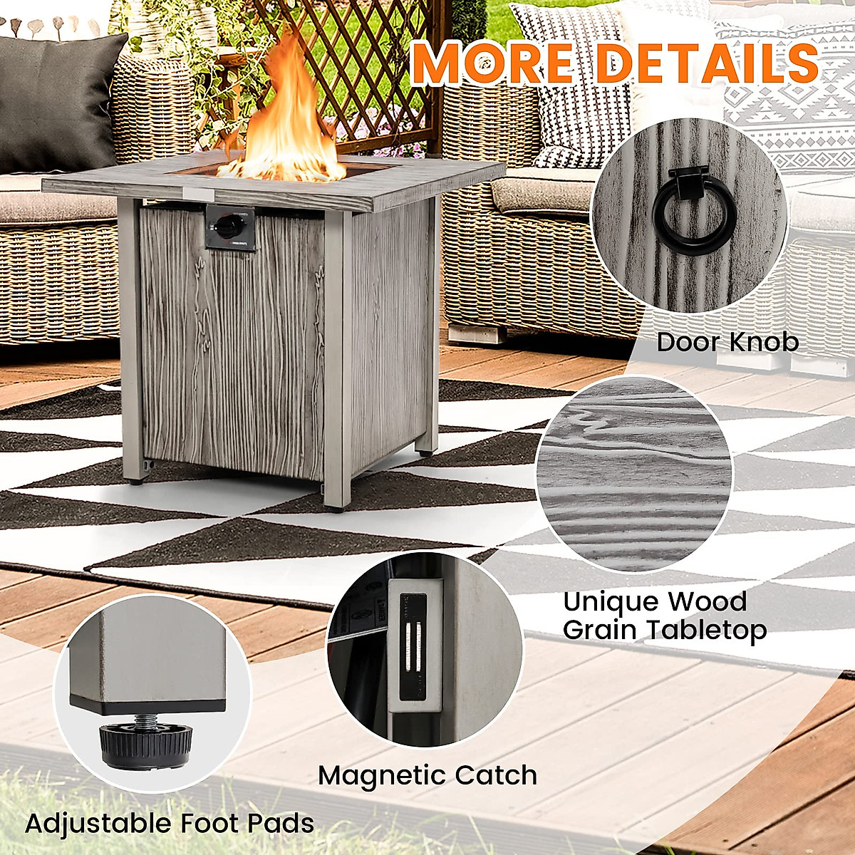 HAPPYGRILL 28” Propane Fire Pit Table, 40,000 BTU Outdoor Propane Gas Fire Table with Wood-Like Tabletop, Lid and Lava Rocks, Square Auto-Ignition Propane Firepit with PVC Cover