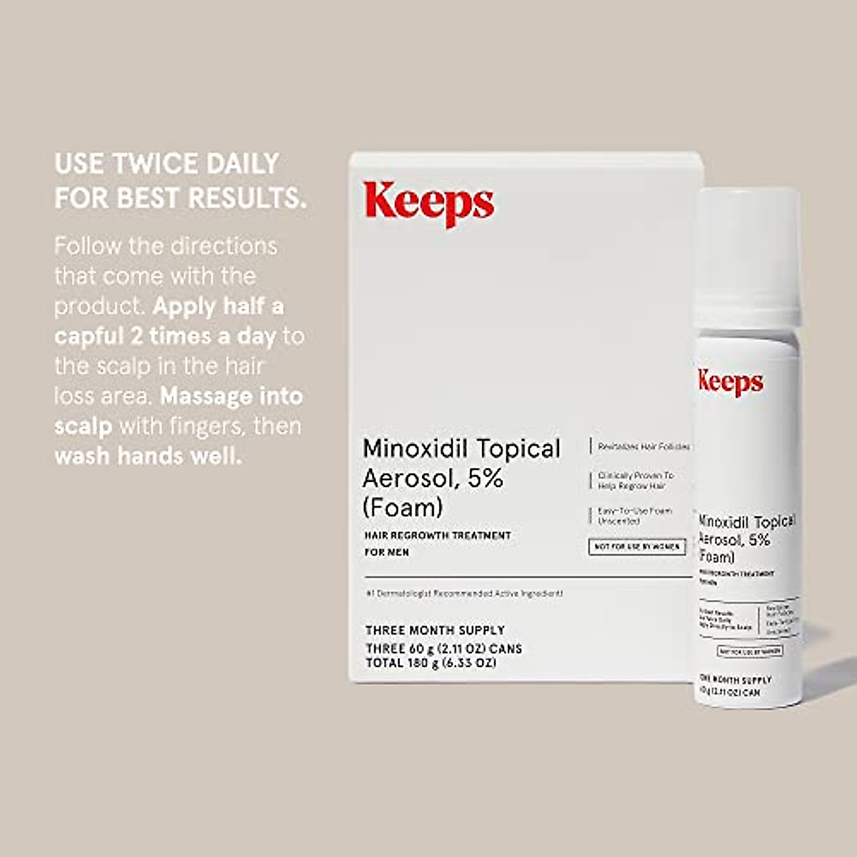 Keeps Minoxidil for Men Topical Hair Loss Aerosol Minoxidil Foam 5%, Hair Growth Treatment - Slows Hair Loss & Promotes Hair Regrowth - 3 Month Supply (3 x 2.11oz Bottles) - For Thicker, Longer Hair
