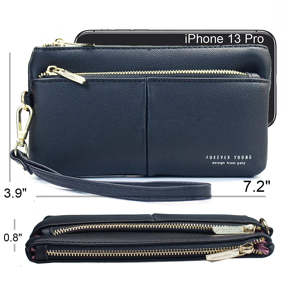 Women Leather Wristlet Clutch Wallet Handbag Purse Travel Cellphone Case Pouch (Black) Small
