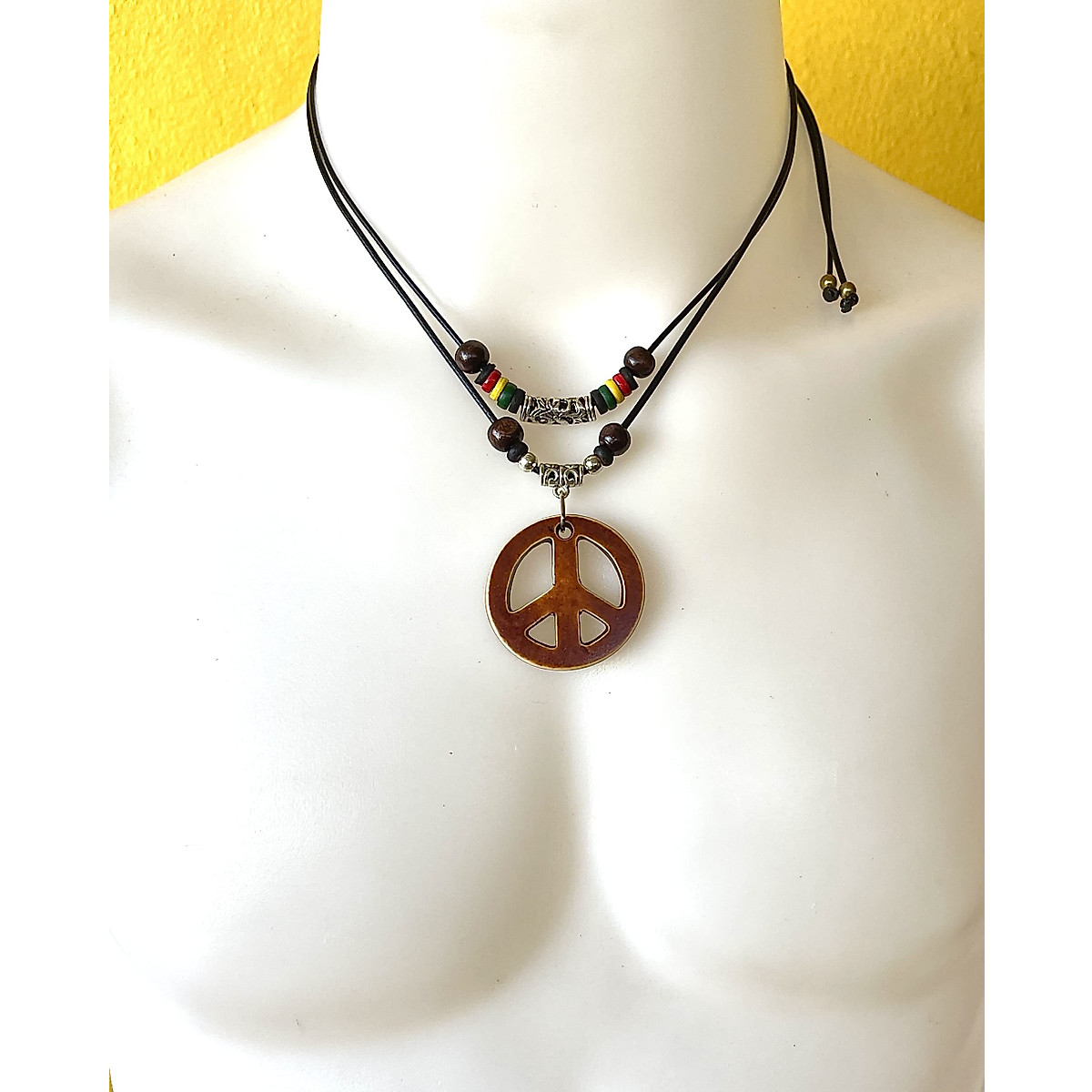 LAVIP Leather Peace Sign Pendant Double Layers Peace Symbol Brown Pendant Necklace Coconut wood Beads