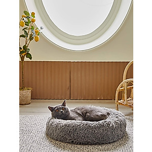 UOZZI BEDDING Plush Faux Fur Round Pet Cat Dog Bed, Comfortable Fuzzy Donut Cuddler Cushion Soft Shaggy and Warm for Winter 22" (Gray)