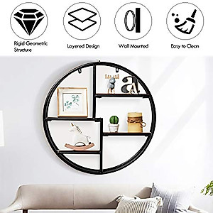 Tangkula Round Wall Shelf, Wall-Mounted Circular Shelf, Wood & Iron Wall Hanging Shelves, 4-Tier Circle Shelf Wall Decor for Home Office, Circular Floating Shelves (1, Black)