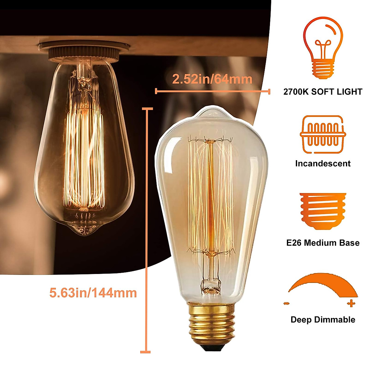 HESSION 6-Pack Vintage Edison Bulbs, ST64 40W E26 Base Amber Glass Warm White Filament Antique Decorative Dimmable Light Bulbs Used for Classical Pendant or Chandelier Lights