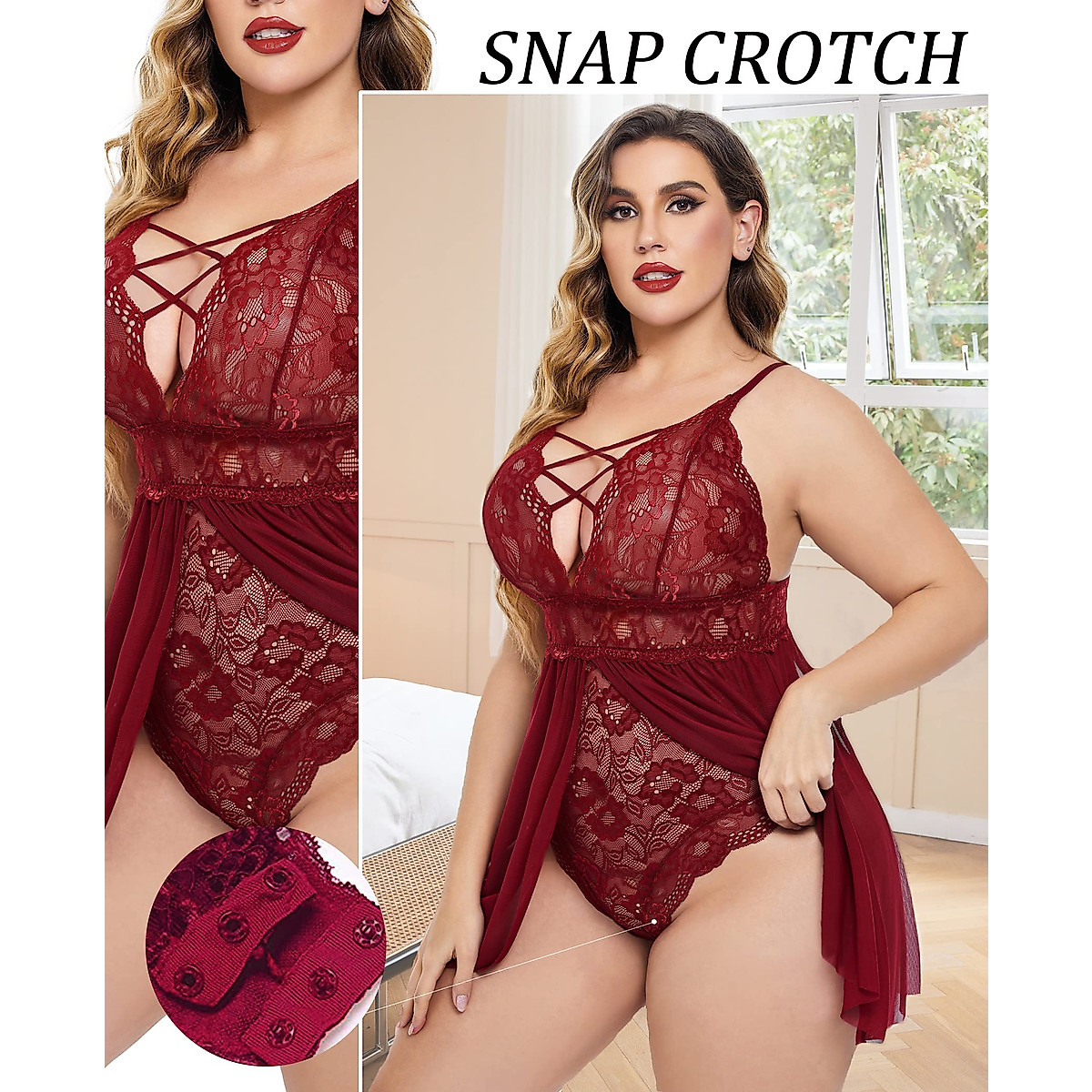 Avidlove Plus Size Babydoll For Women Sexy Nightgowns For Women Plus Size Lingerie (Wine Red, XL)