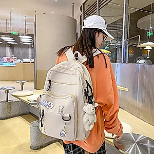 Sumleno Cute Aesthetic Backpack, Waterproof Nylon Preppy Backpack with Kawaii Pins and Plush Accessories Laptop Backpack (White,One Size)